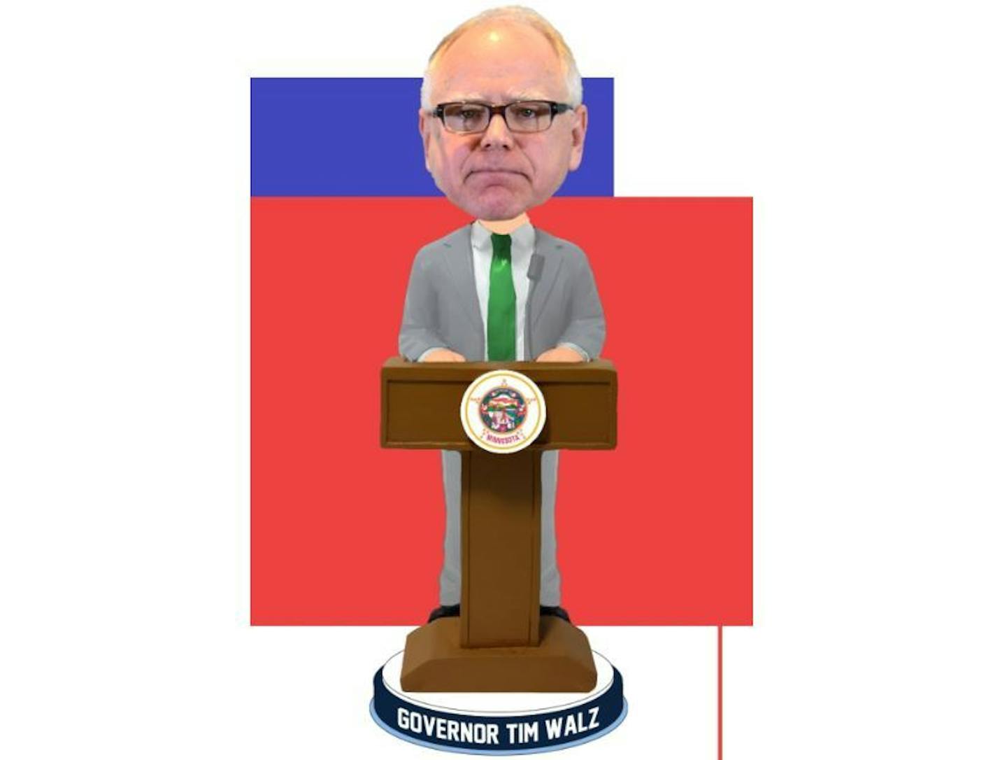 Gov. Tim Walz being honored with a bobblehead, joining Fauci and others