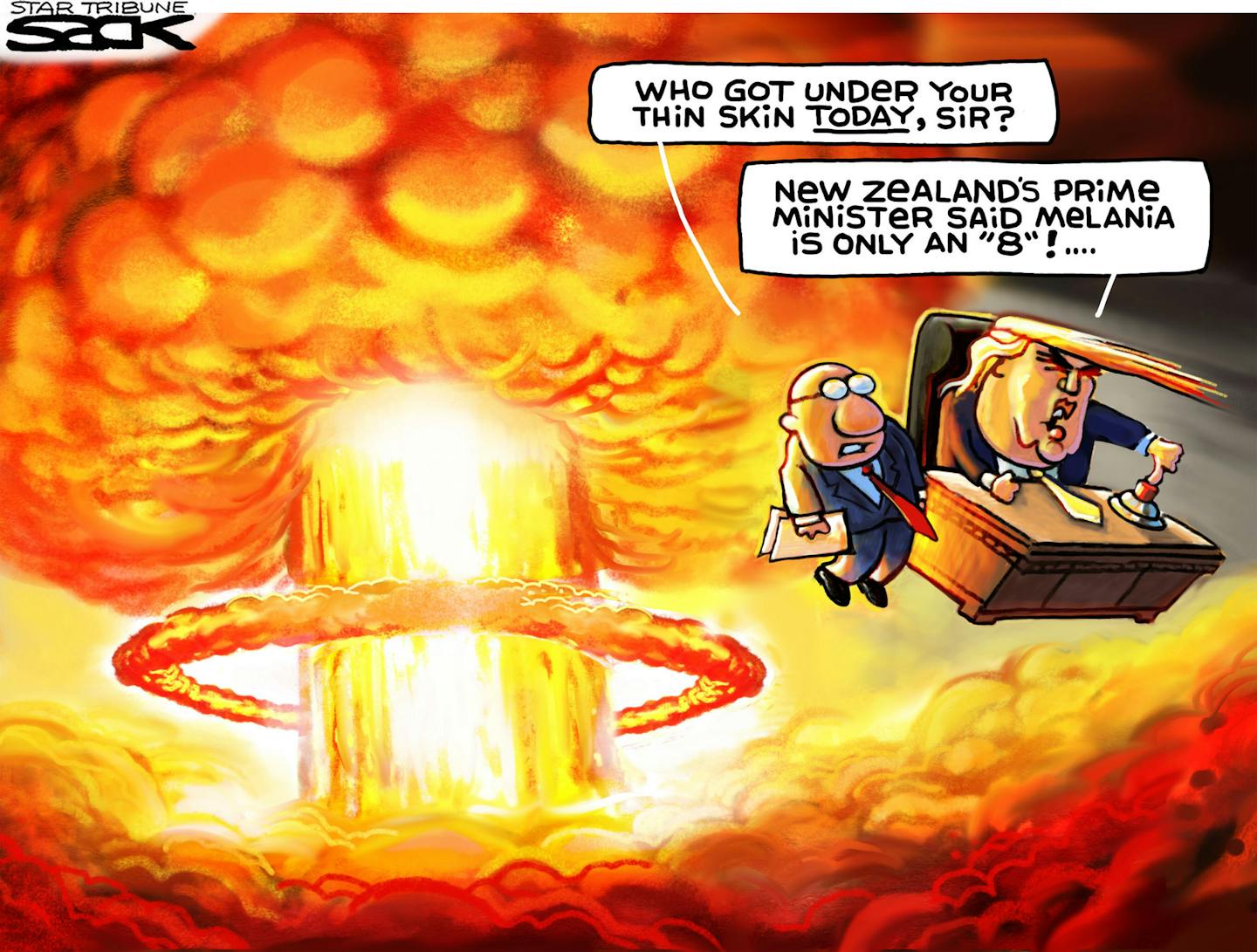 Sack cartoon: Donald Trump with the nuclear codes