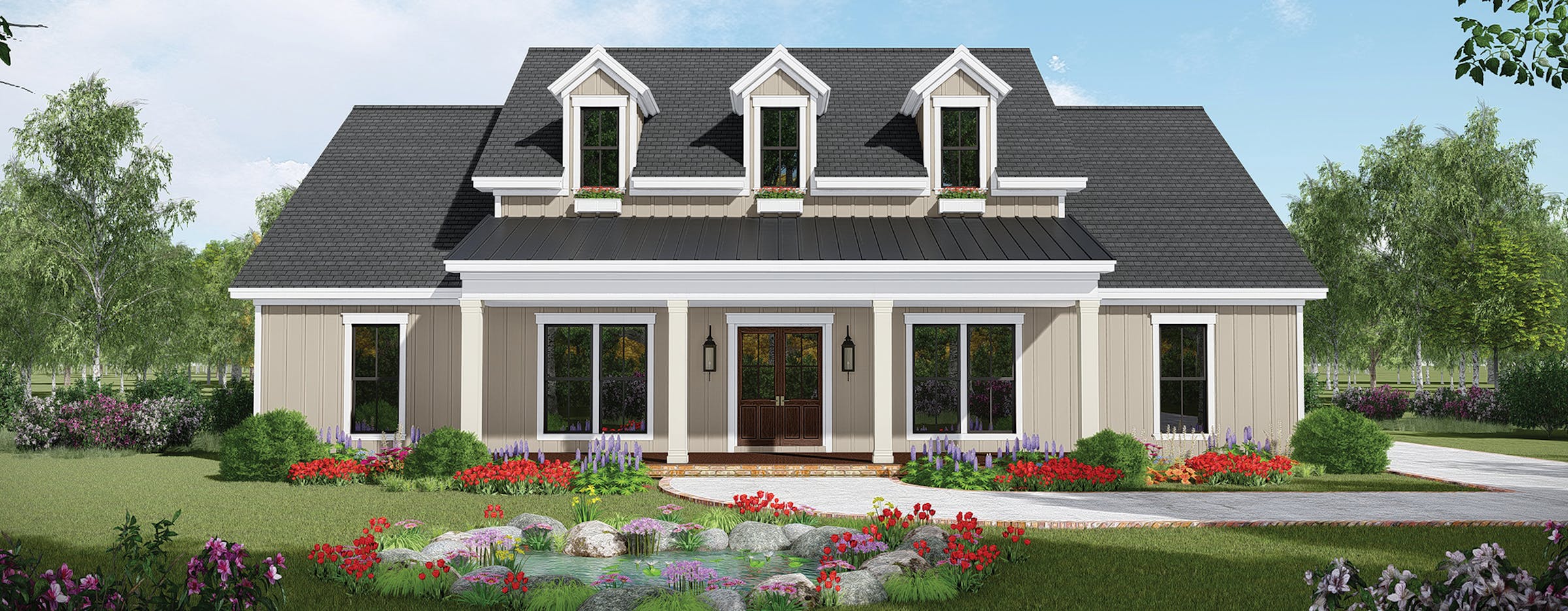 Home plan: Triple dormer modern farmhouse