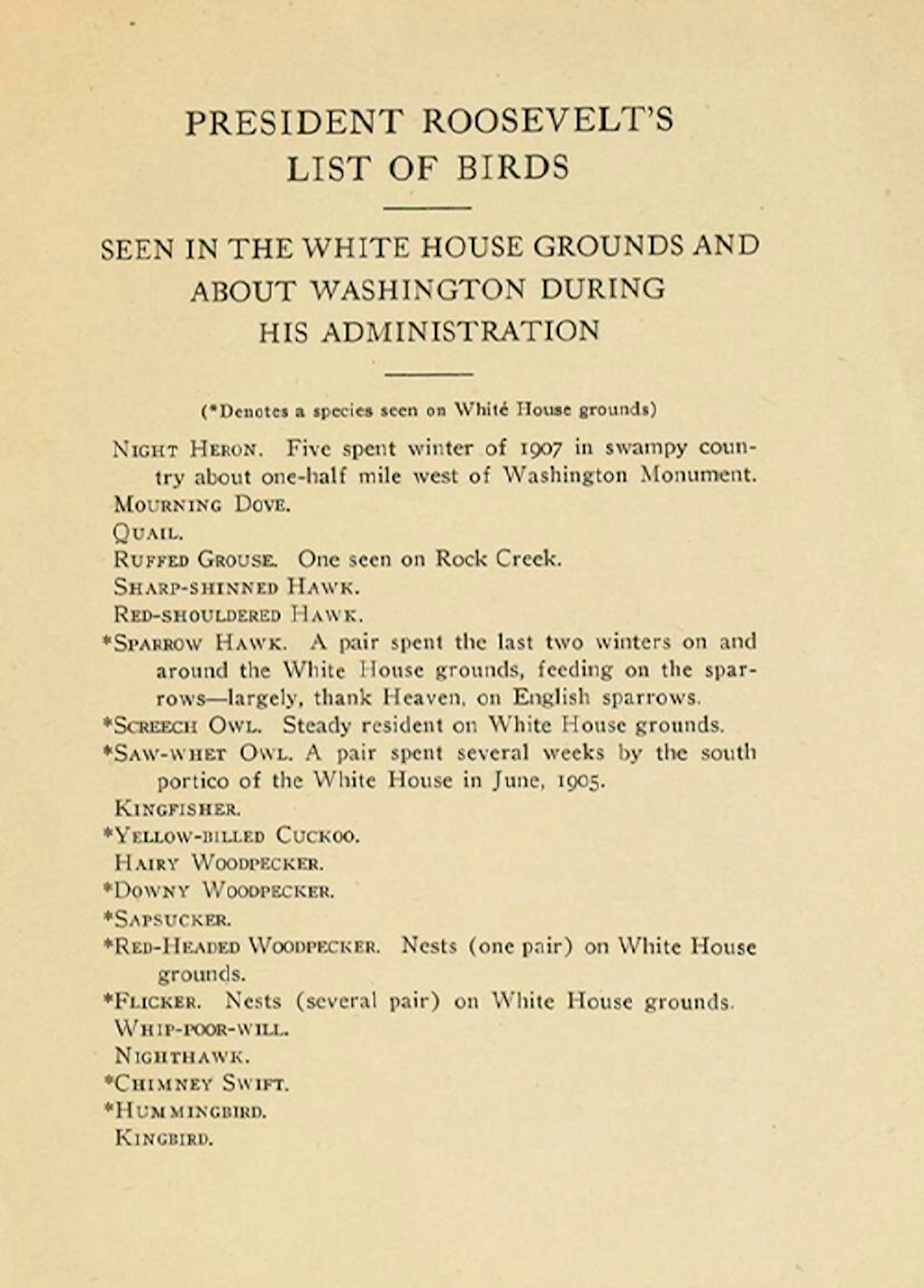 Teddy Roosevelt's White House bird list