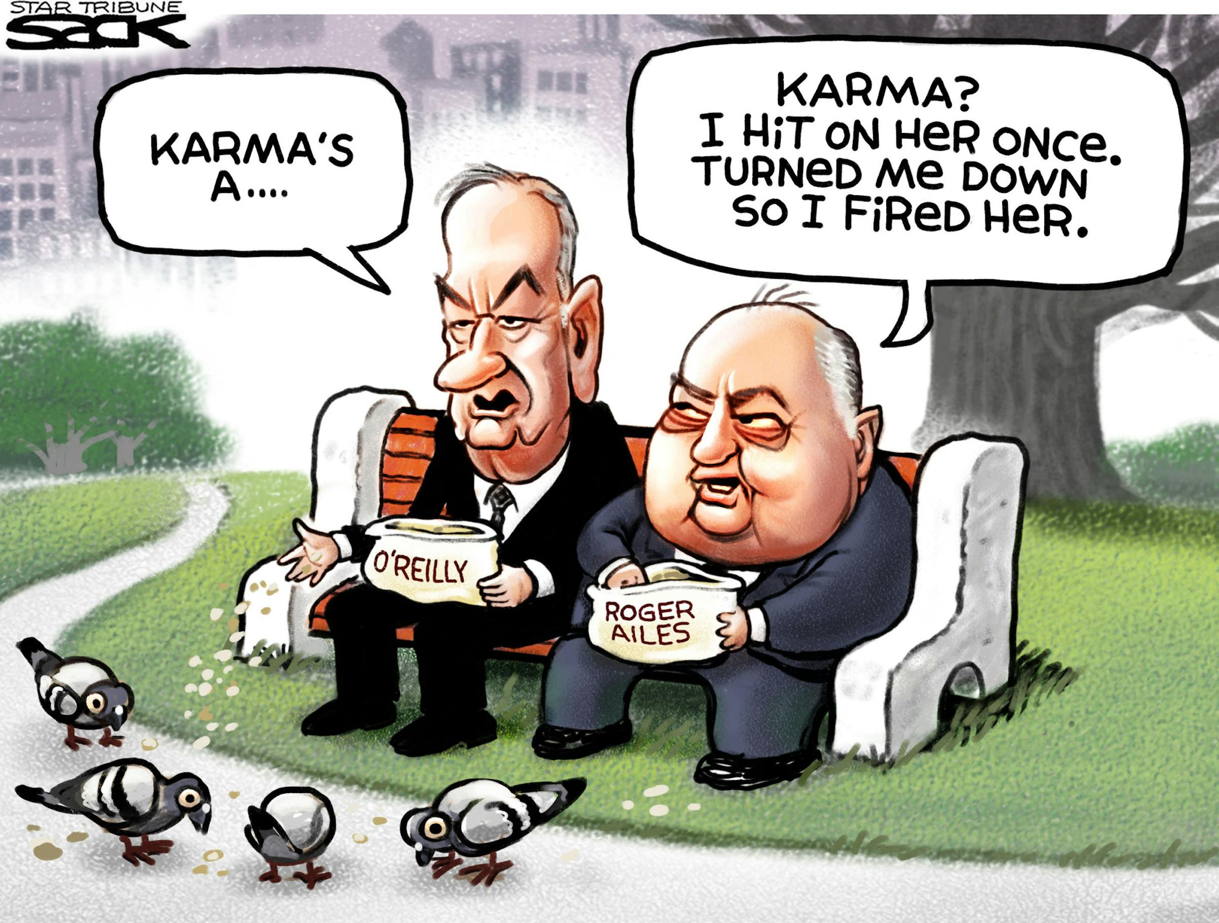 Sack cartoon: Bill O'Reilly and Roger Ailes commiserate