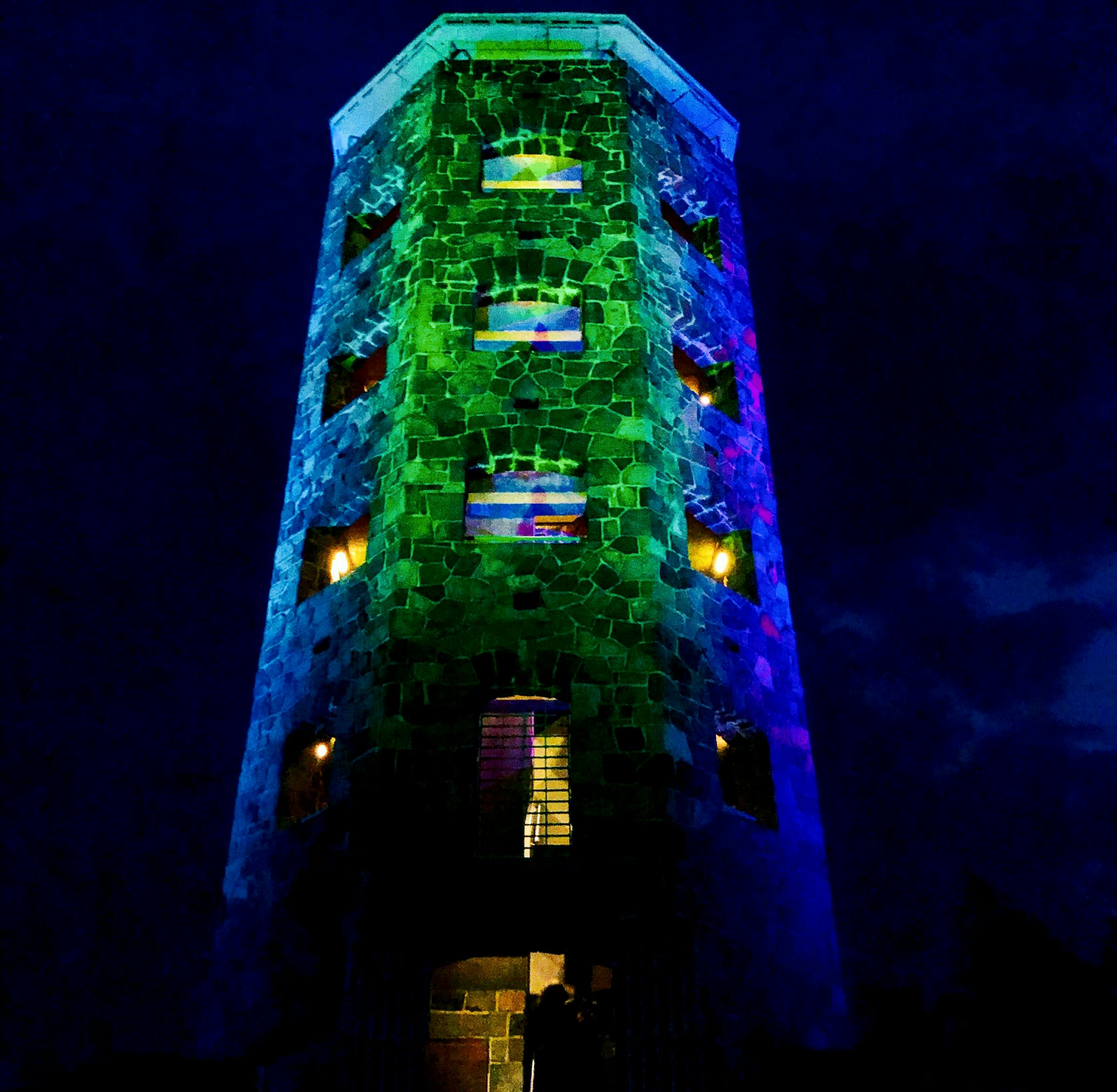 Colorful lights shine on Duluth's iconic Enger Tower