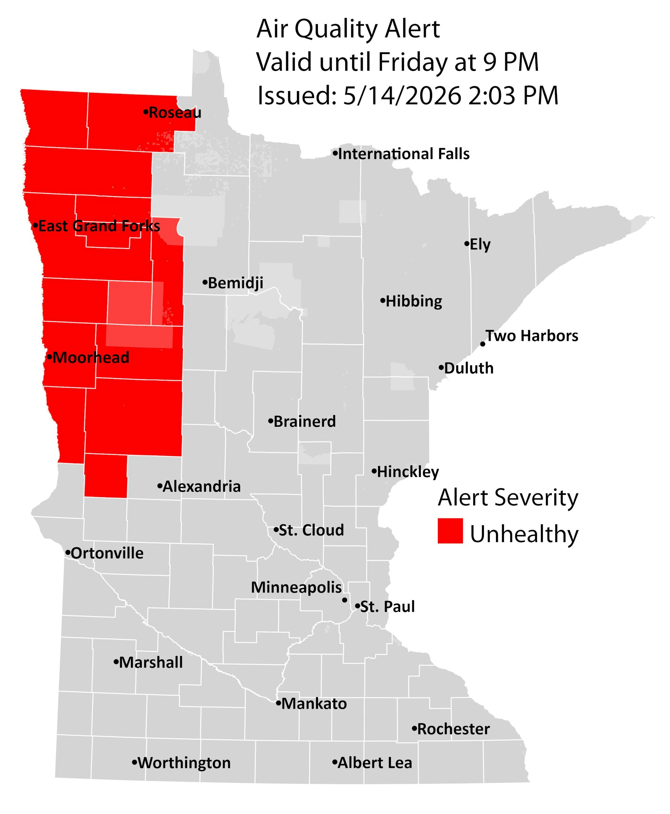 Air quality alert in NW Minnesota, red flag warning across the state