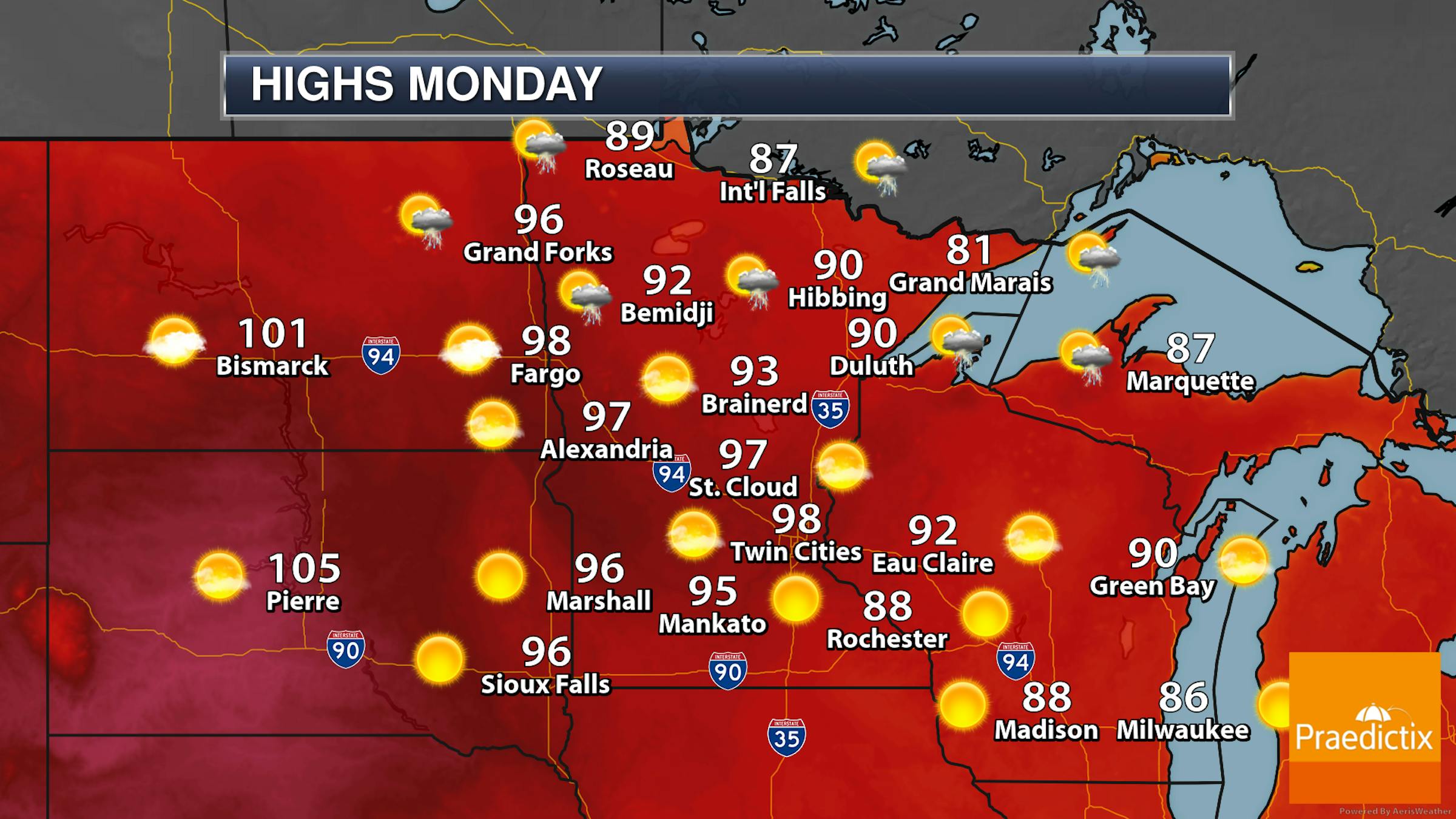 Scorching Hot Monday With Highs Approaching 100F