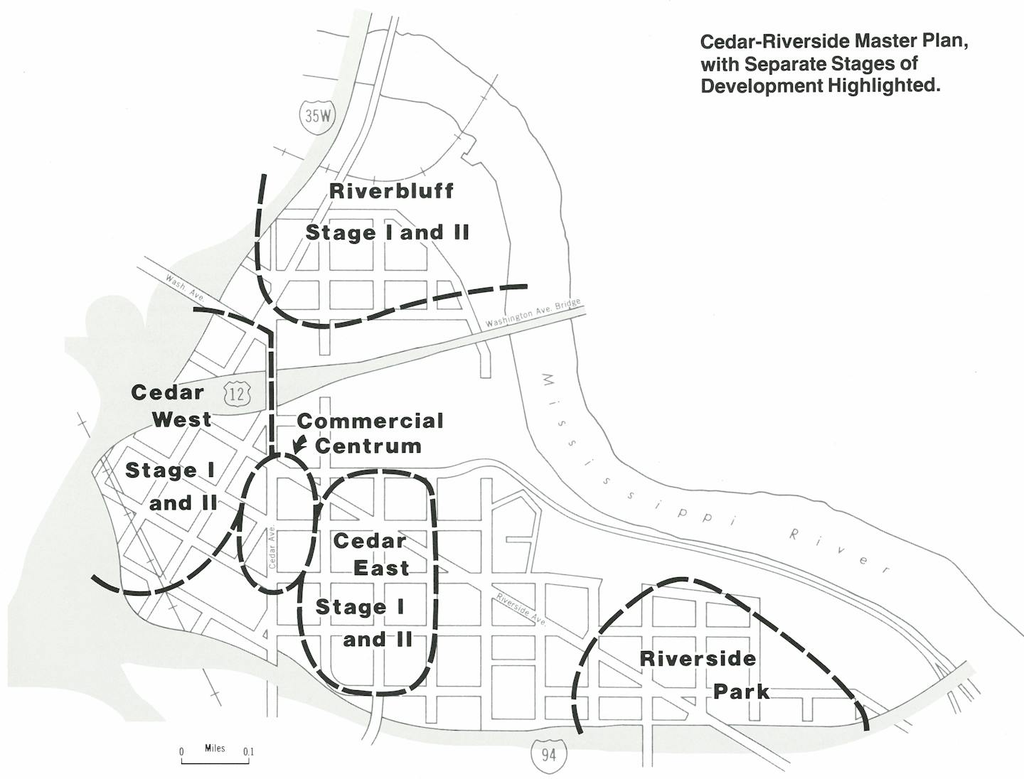 Why was the utopian plan for Minneapolis' Cedar-Riverside area never built?
