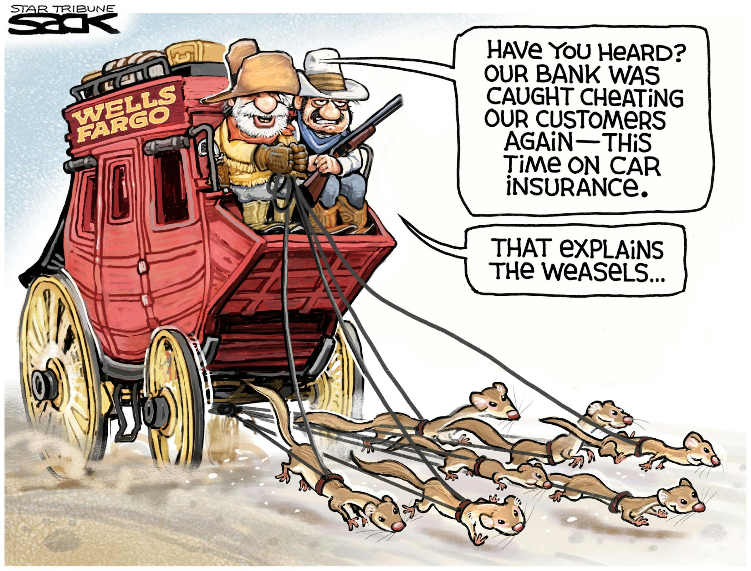 Sack cartoon: Wells Fargo